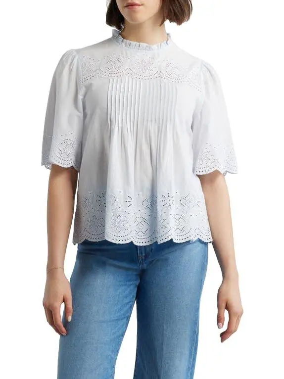 Madewell Embroidered Pintuck High Neck Cotton Voile Top - Soft Blue