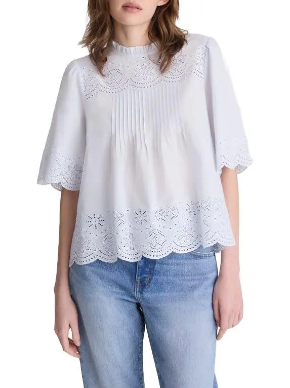 Madewell Embroidered Pintuck High Neck Cotton Voile Top - Soft Blue
