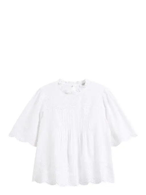 Madewell Embroidered Pintuck High Neck Cotton Voile Top - White