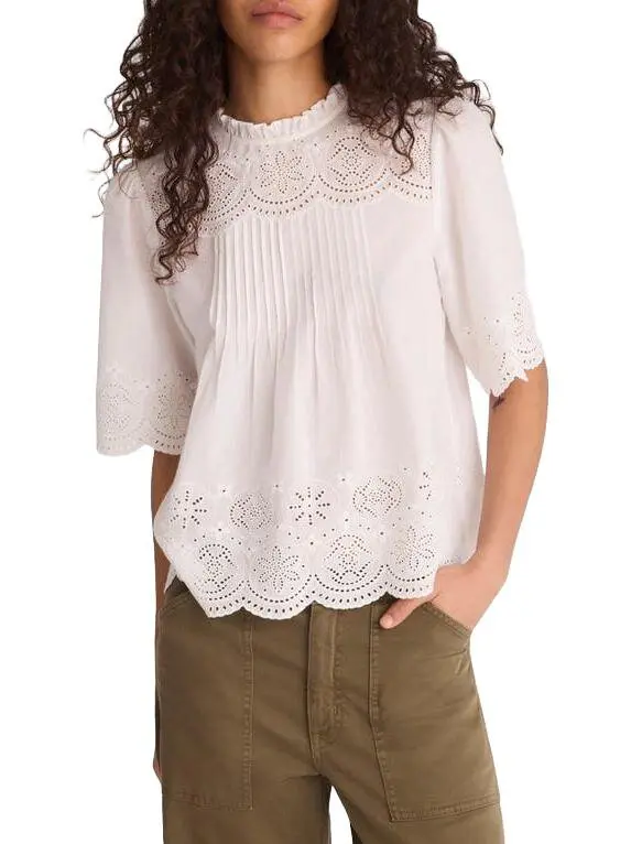 Madewell Embroidered Pintuck High Neck Cotton Voile Top - White