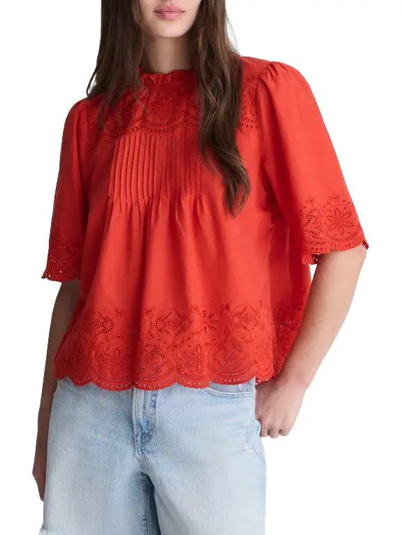 Madewell Embroidered Pintuck High Neck Cotton Voile Top - Wild Poppy