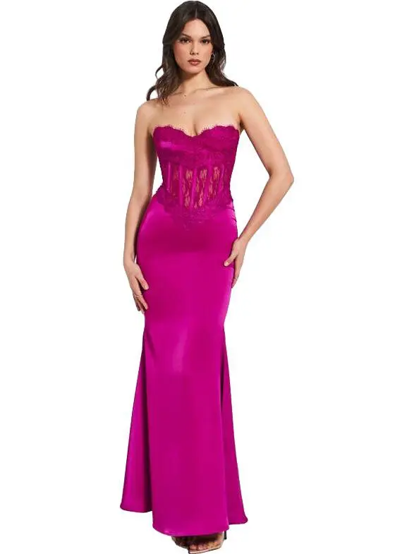 MISS CIRCLE NEW YORK Lace Satin Corset Maxi Dress - Fuchsia