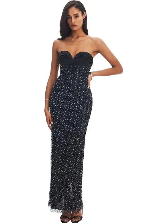 MISS CIRCLE Preslie Satin & Crystal Mesh Sheath Maxi Dress - Black