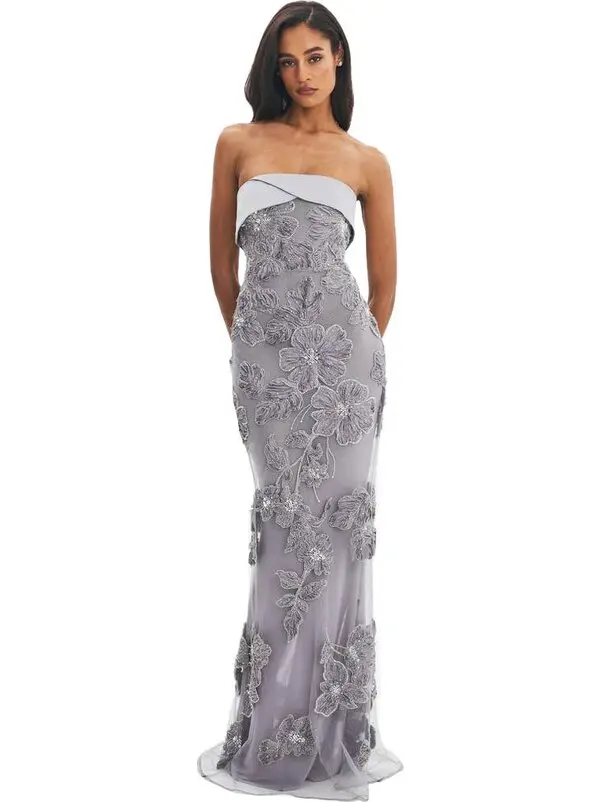 MISS CIRCLE NEW YORK Raphaela Beaded Floral Strapless Mermaid Maxi Dress - Silver