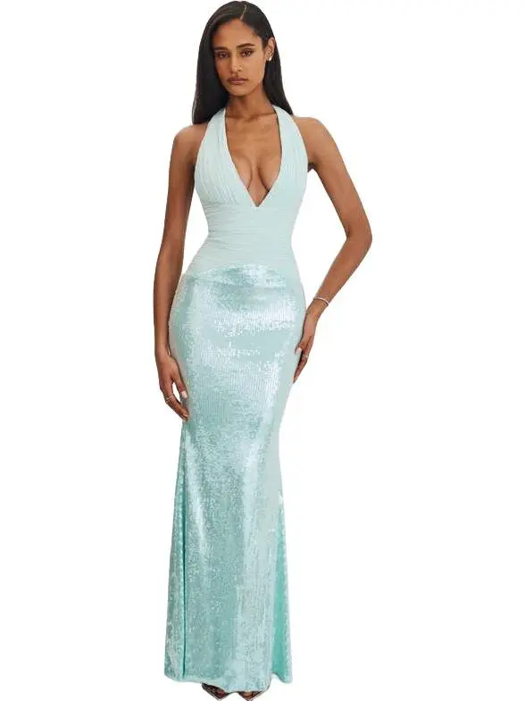 MISS CIRCLE NEW YORK Sequin Plunging Mermaid Maxi Dress - Mint