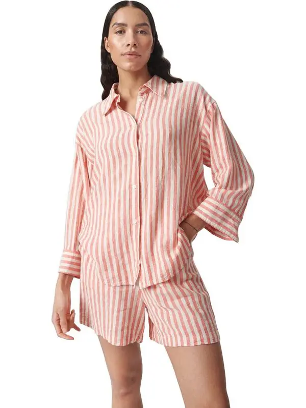 SOAKED IN LUXURY Belira Relaxed Fit Shirt - Hot Coral Stripes