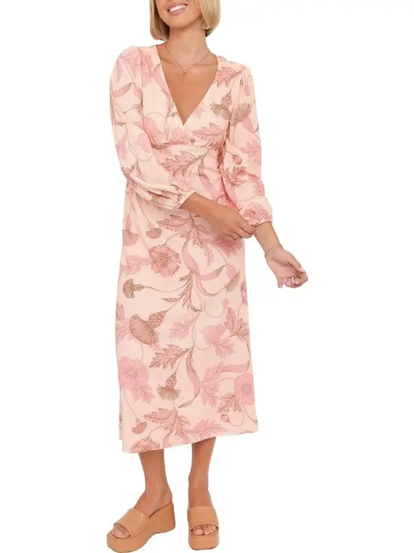 PETAL & PUP Kolby Floral Print Long Sleeve Midi Dress - Pink Floral
