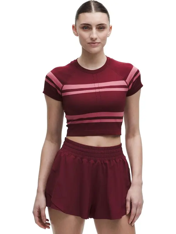 Lululemon Swiftly Tech Cropped Short-sleeve Shirt 2.0 - League Stripe Burgundy Bay/candy Cloud