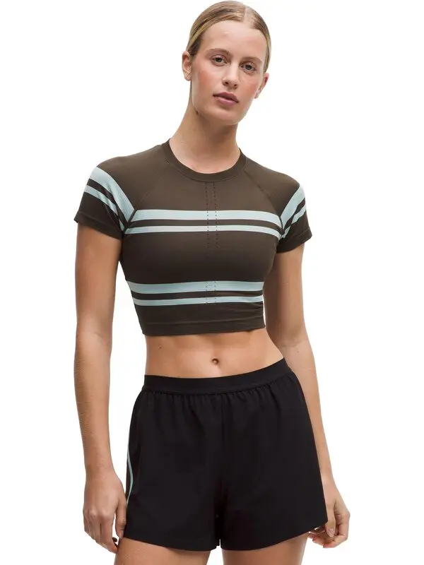 Lululemon Swiftly Tech Cropped Short-sleeve Shirt 2.0 - League Stripe Walnut Crunch/foam Cloud