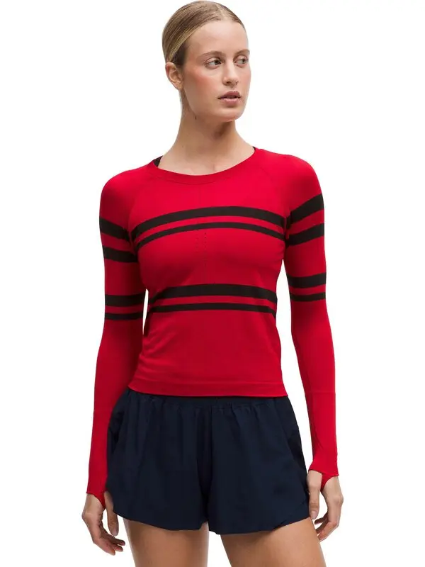 Lululemon Swiftly Tech Long-sleeve Shirt 2.0 Waist Length - League Stripe Oxford Red/black