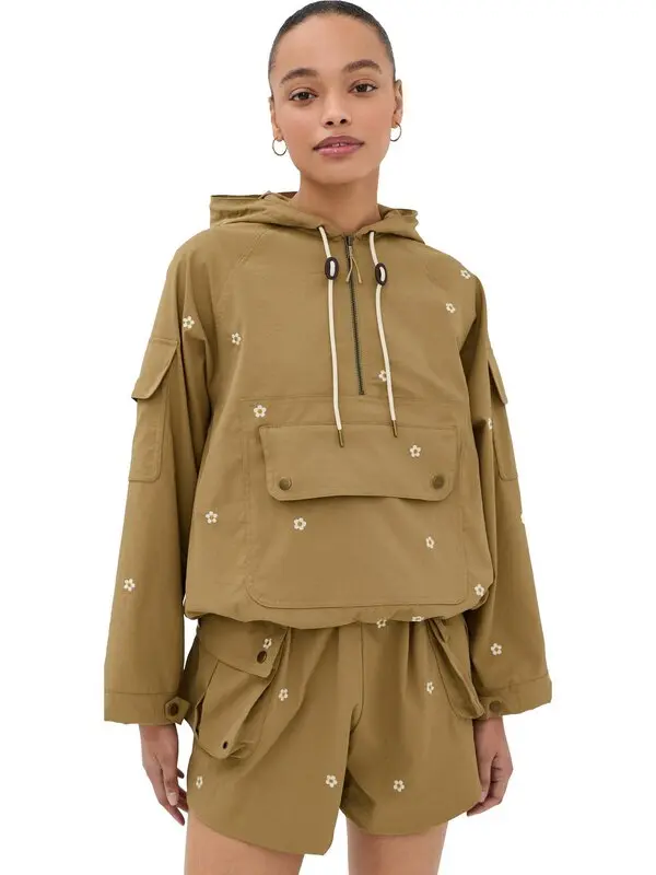 THE GREAT. OUTDOORS Cropped Trailhead Pullover - Khaki W/ Daisy Embroidery