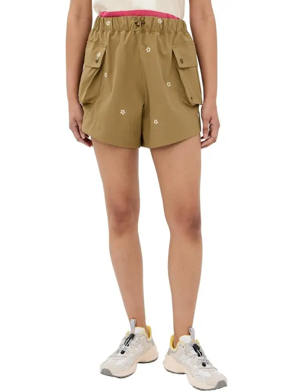 THE GREAT. OUTDOORS Embroidered Cargo Shorts - Khaki W/ Daisy Embroidery