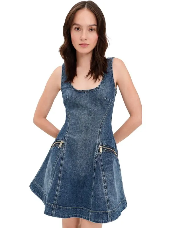 SELF-PORTRAIT Denim Flared Mini Dress - Blue