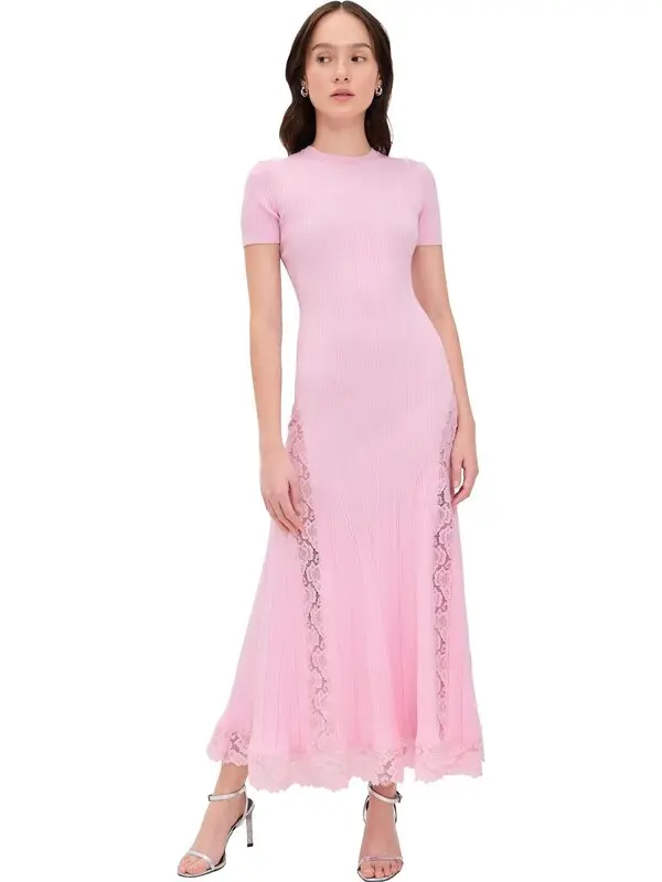 SELF-PORTRAIT Knit Lace Insert Midi Dress - Pink