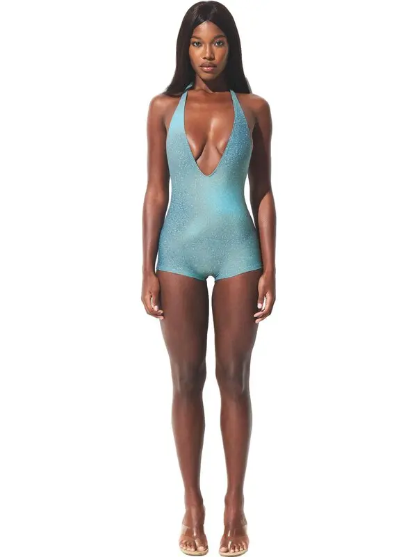 SKIMS Signature Swim Plunge Shortie One Piece - Cyan Fk Ombre Print