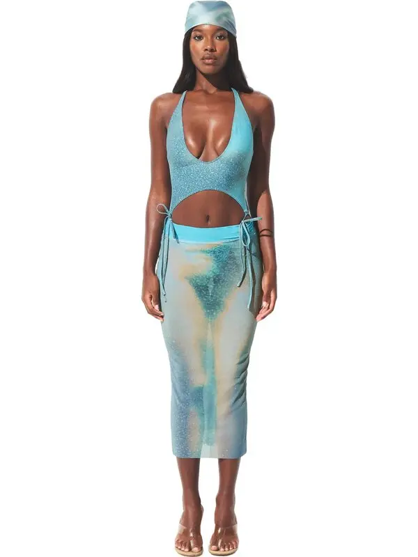 SKIMS Midi Mesh Cover Up Skirt - Cyan Fk Body Print