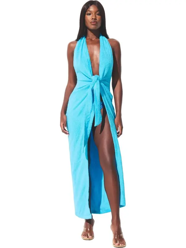 SKIMS Terry Deep Plunge Halter Wrap Dress - Cyan