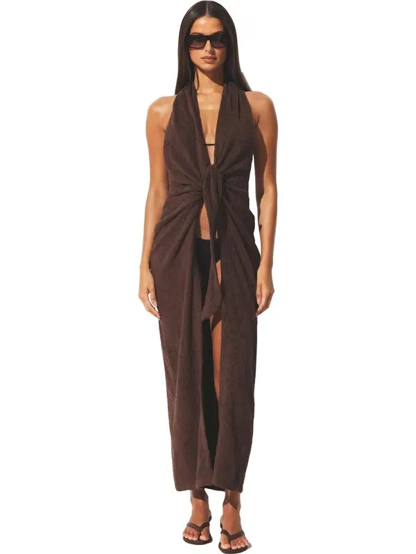 SKIMS Terry Deep Plunge Halter Wrap Dress - Dark Sepia