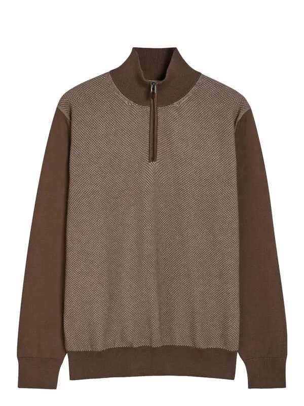 Canali Textured Half-zip Cotton Jumper - Brown