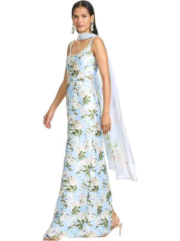 Sachin & Babi Floral Mikado Column Gown - Sky Camellia
