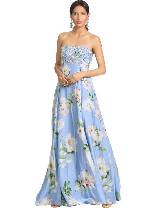 Sachin & Babi Floral Chiffon Empire Waist Gown - Twilight Petals