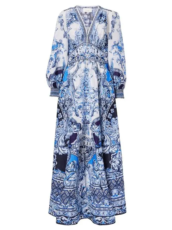 Camilla Printed Linen And Silk Maxi Dress - Blue