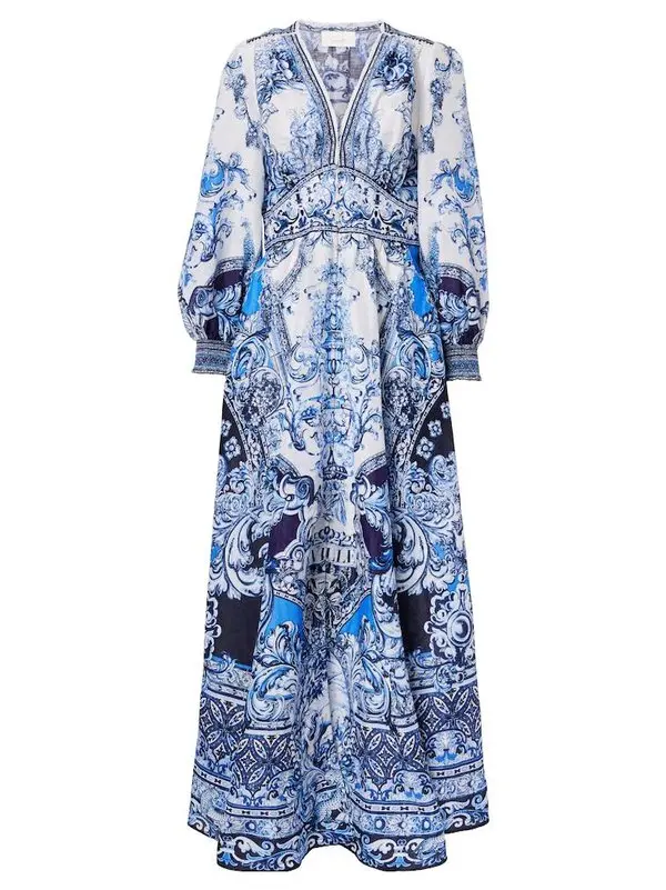 Camilla Printed Linen And Silk Maxi Dress - Blue
