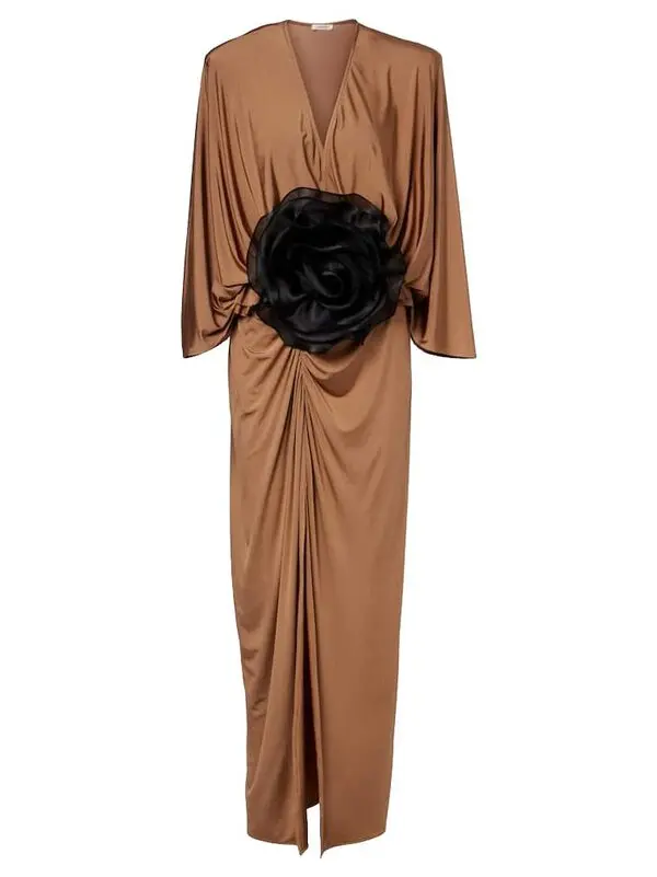 JACQUES WEI Floral-appliqué Jersey Maxi Dress - Brown
