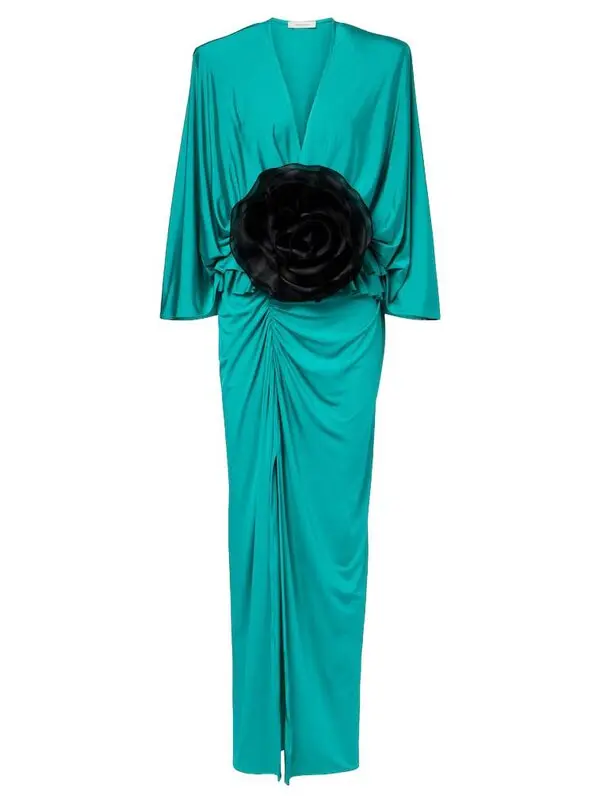 JACQUES WEI Floral-appliqué Jersey Maxi Dress - Blue