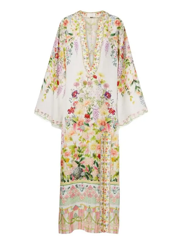 Camilla Floral Linen Kaftan - White