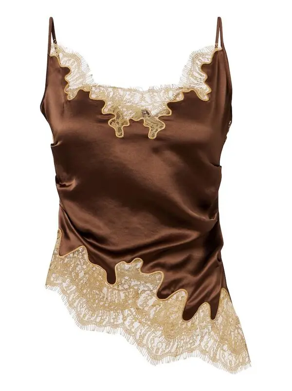 JACQUES WEI Lace-trimmed Draped Satin Camisole - Brown