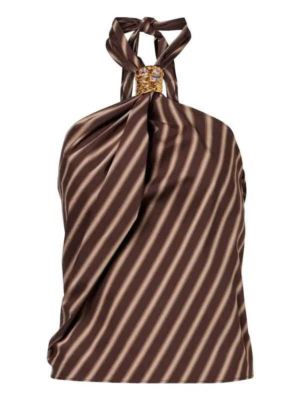 JACQUES WEI Gathered Striped Cotton-blend Top - Brown