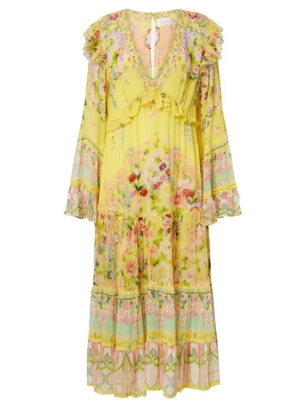 Camilla Printed Ruffled Silk Chiffon Midi Dress - Yellow