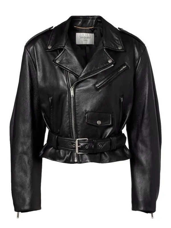 Saint Laurent Cropped Leather Biker Jacket - Black