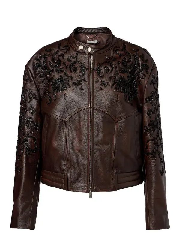 JACQUES WEI Beaded Leather Jacket - Brown