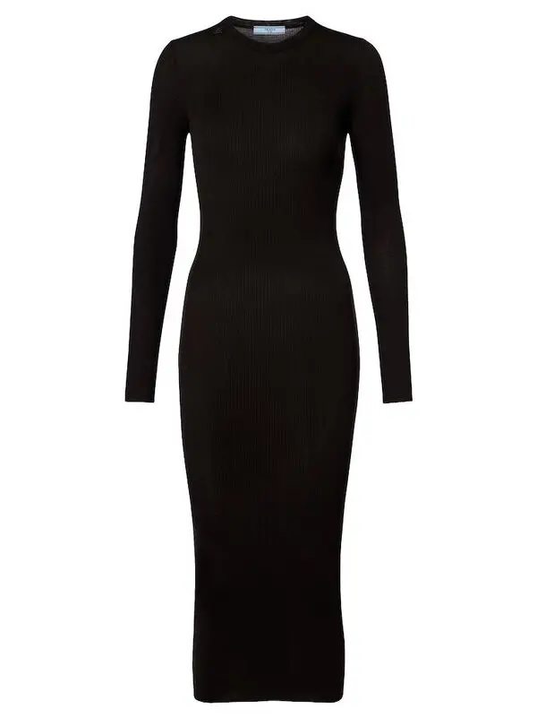 Prada Ribbed-knit Virgin Wool Midi Dress - Brown