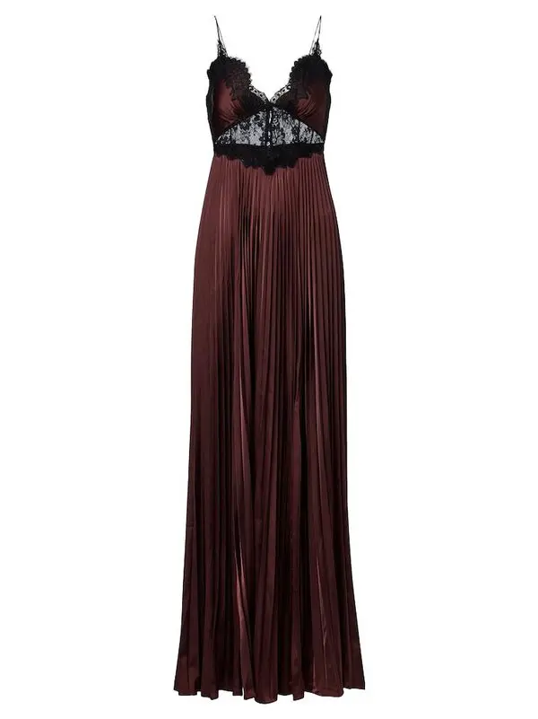 SELF-PORTRAIT Lace-trimmed Pleated Satin Maxi Dress - Brown