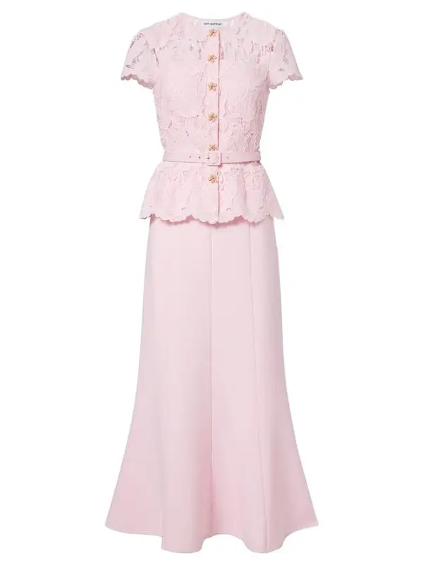 SELF-PORTRAIT Belted Lace And Crêpe Midi Dress - Pink