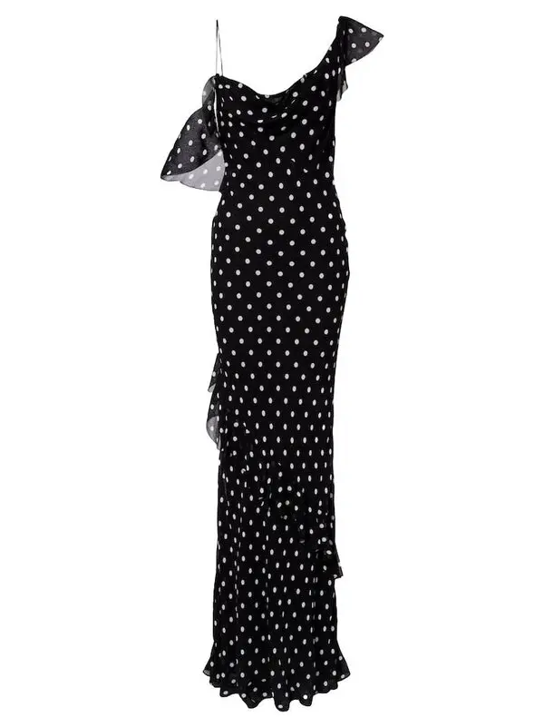 SELF-PORTRAIT Polka-dot Ruffled Georgette Gown - Black