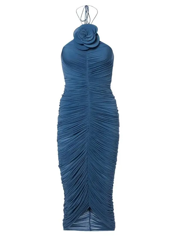 Magda Butrym Floral Appliqué Ruched Midi Dress - Blue