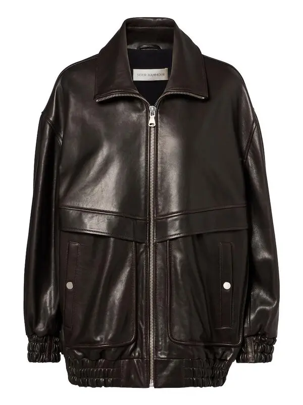 Nour Hammour Lamb Leather Bomber Jacket - Brown
