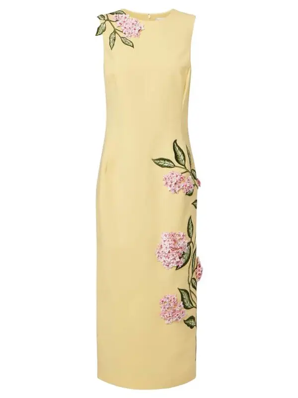 Oscar De La Renta Floral-appliqué Wool-blend Midi Dress - Yellow