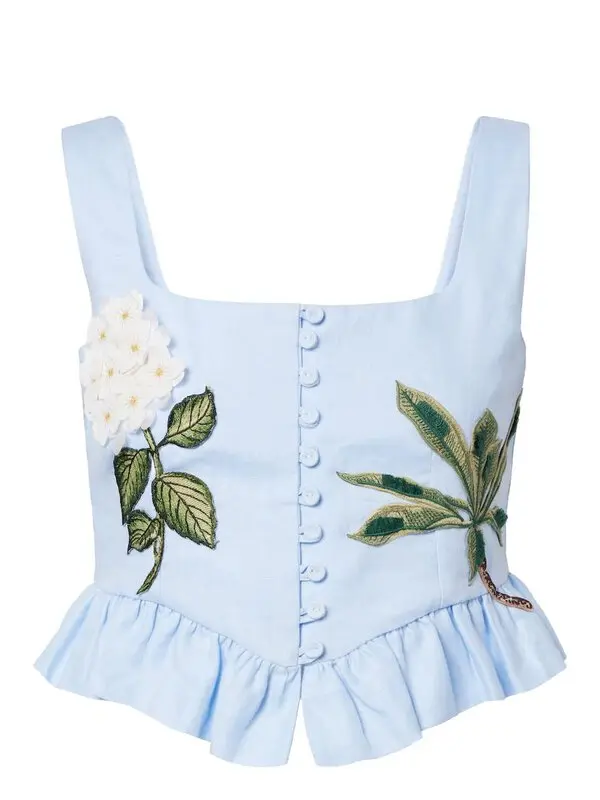 Agua Bendita Eslabón Floral-appliqué Linen Bustier Top - Blue