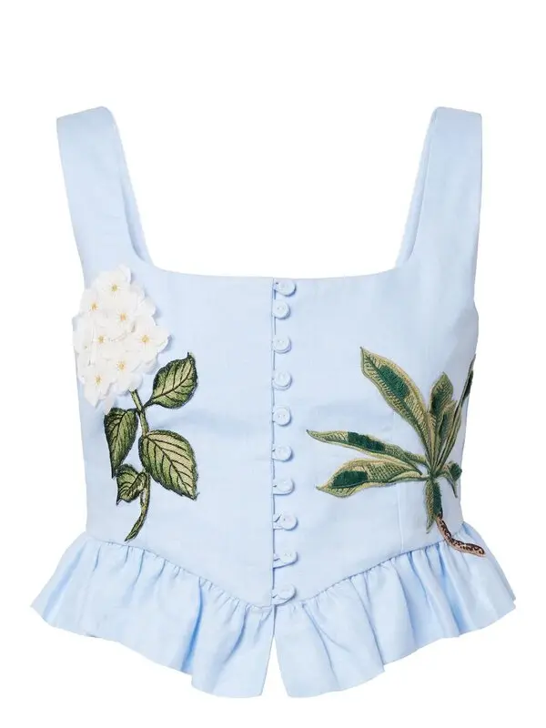 Agua Bendita Eslabón Floral-appliqué Linen Bustier Top - Blue