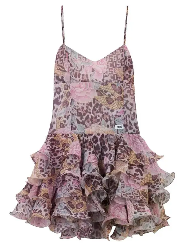 Gcds Animal-print Ruffled Mini Dress - Pink