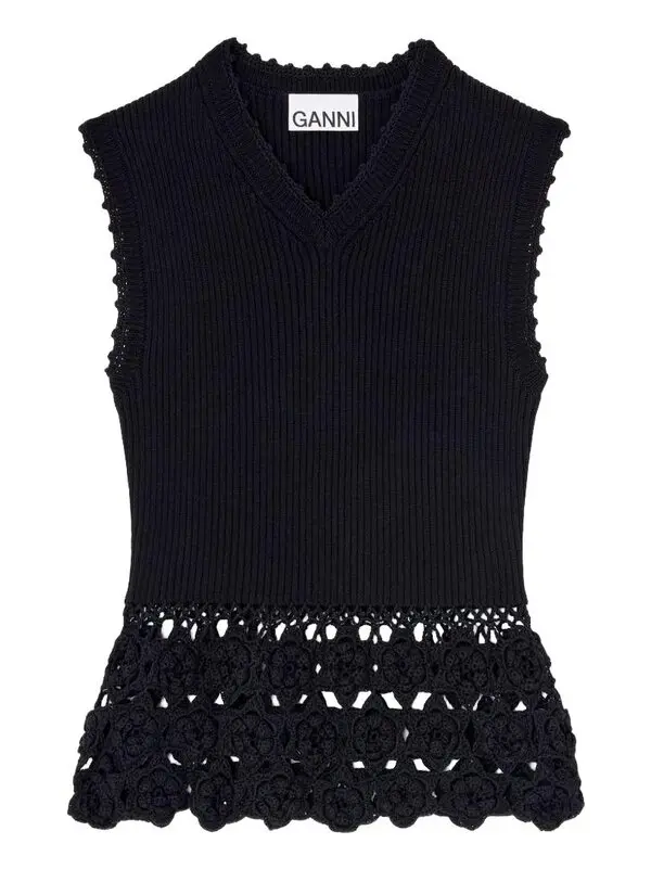 GANNI Crochet Cotton Vest - Black