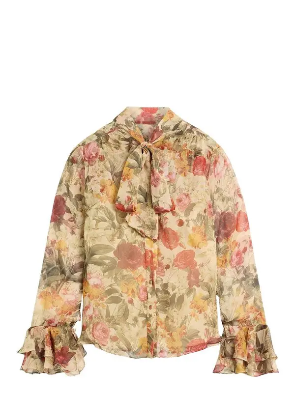 MIKAEL AGHAL Floral-print Chiffon Pussy-bow Blouse - Beige