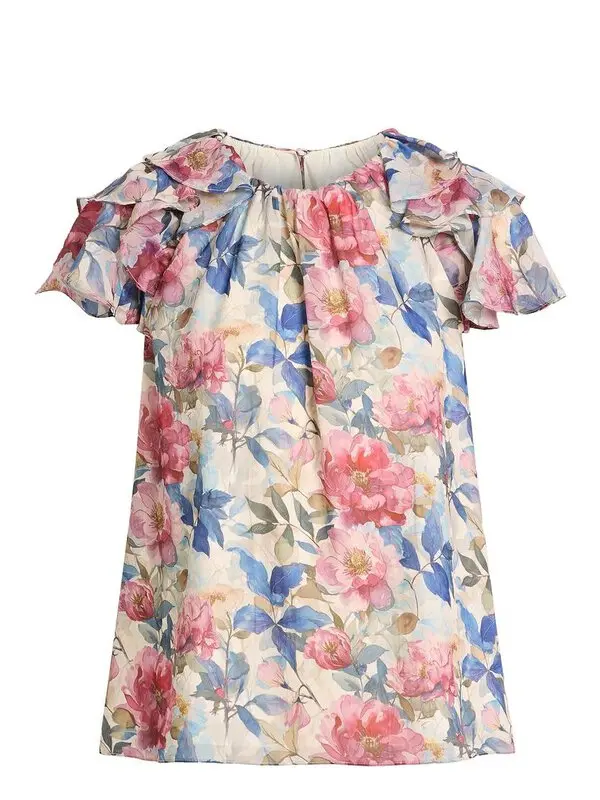 MIKAEL AGHAL Ruffled Floral-print Chiffon Top - Beige