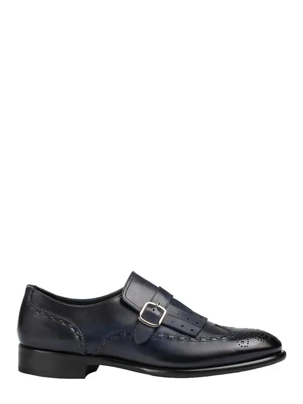 DOUCAL'S Leather Monk Strap Shoes With Brogue Detailing And Fringe - Blue