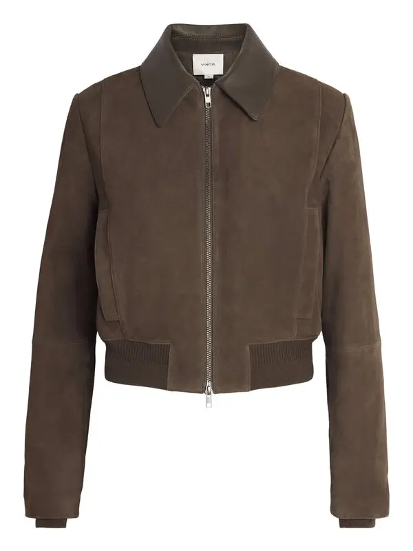 Vince Suede Shrunken Bomber Jacket - Brown